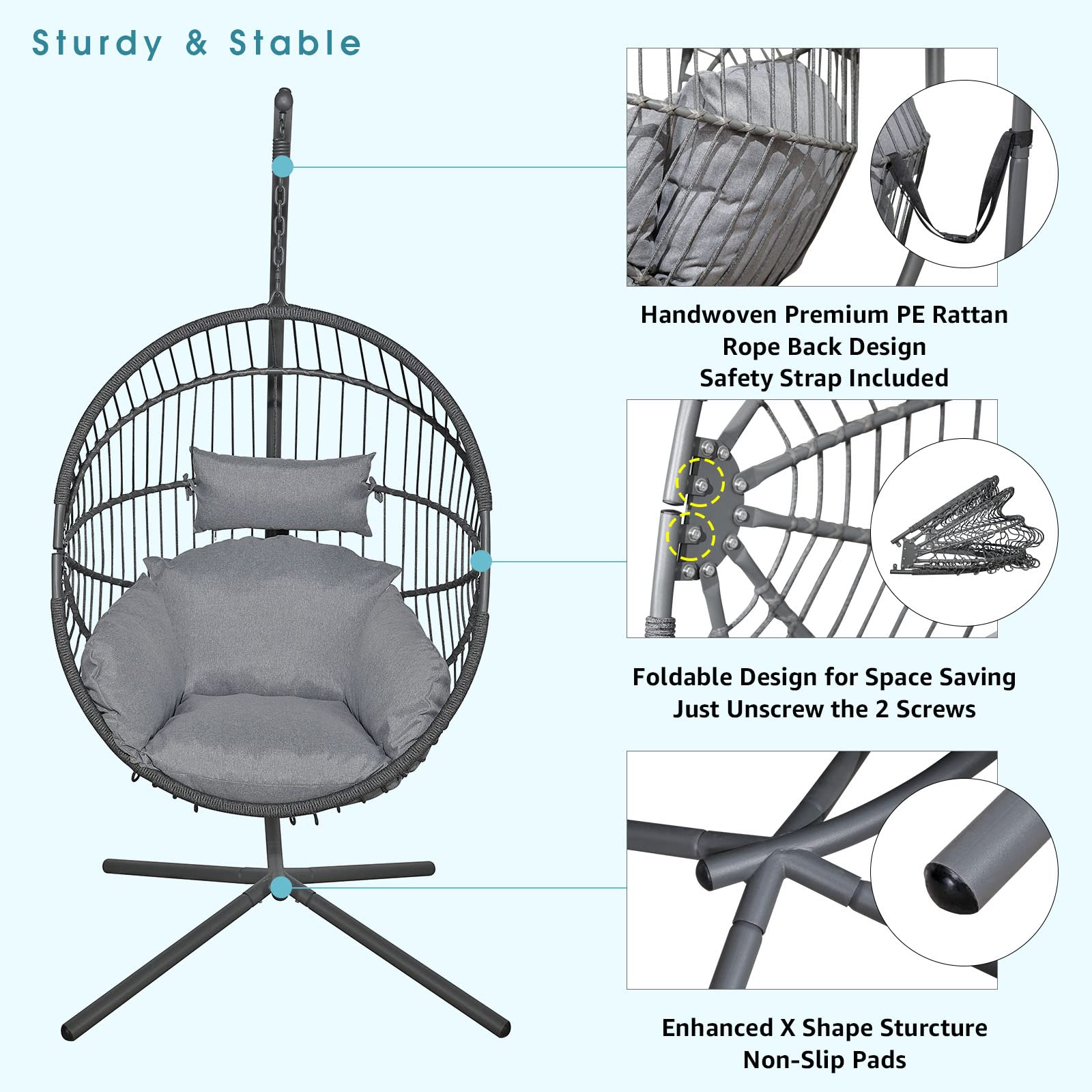 Indoor Outdoor Egg Swing Chair with Stand, Oversized Cocoon-Shaped Rop ...